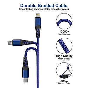 Bawanfa Multi 3 in 1 USB Long Charger Cable, 3M/10Ft 6A PD Fast Braided Charging Cord, Universal Multiple Ports Long Charging Cable with USB C/Micro USB/Lightning Connector