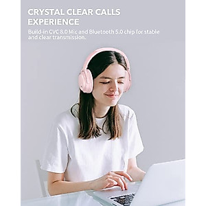 HROEENOI Active Noise Cancelling Wireless Bluetooth Over-Ear Headphones, Memory Foam Ear Cups, Quick Charge for 40H Playtime, Ideal for Travel, Home Office, Gym Workouts -Pink