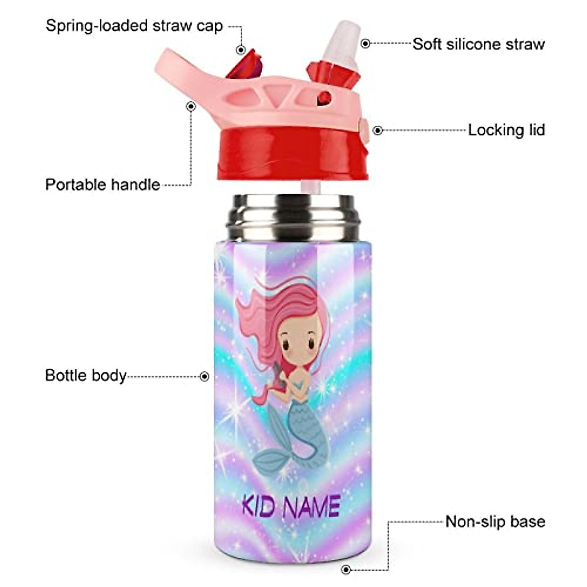 Custom Pink Mermaid Kids Water Bottle with Straw Lid Personalized Add Your Text Stainless Steel Sports Water Bottles Customized Reusable Leak-Proof Toddlers Cup for School, Travel
