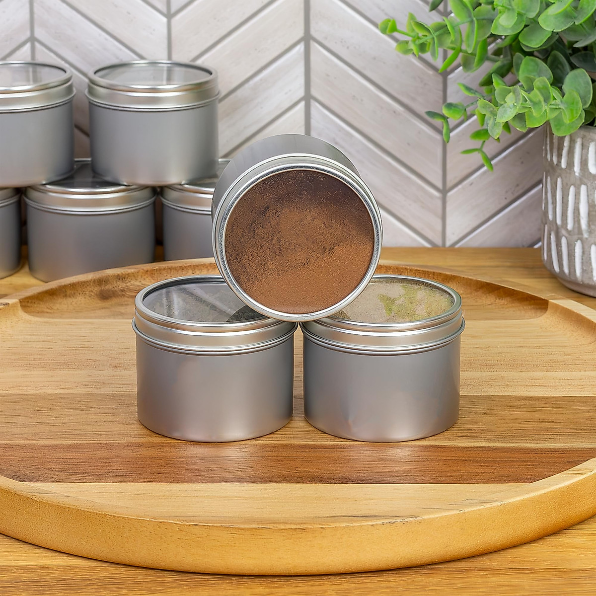 Cornucopia Brands 4-Ounce Round Metal Tins w/View Window Lids (12-Pack); Silver Tins w/Clear Lids