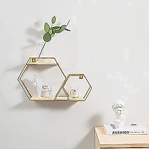 Fasyou Hexagon Floating Shelves Cute Gold Honeycomb Shelves Wall Mounted Shelves with Metal Bracket Rustic Solid Wood Wall Shelves for Living Room,Bedroom,Gold