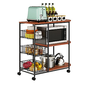 Microwave cart with Storage, Kitchen Microwave Serving Stand Carts with 4 Storage Shelf, Metal Coffee Bar on 4 Wheels and 3 wire baskets for Spice Rack Organizer Workstation, Easy assemble, 33 inch