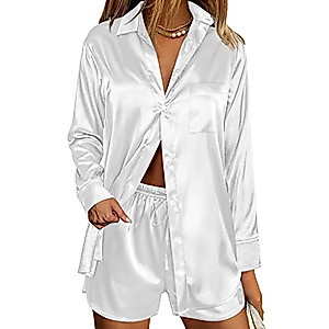 Ekoauer Womens Satin Stylish V Neck Long Sleeve Button Down Shirt and Matching Shorts Pajama Set, White, Large