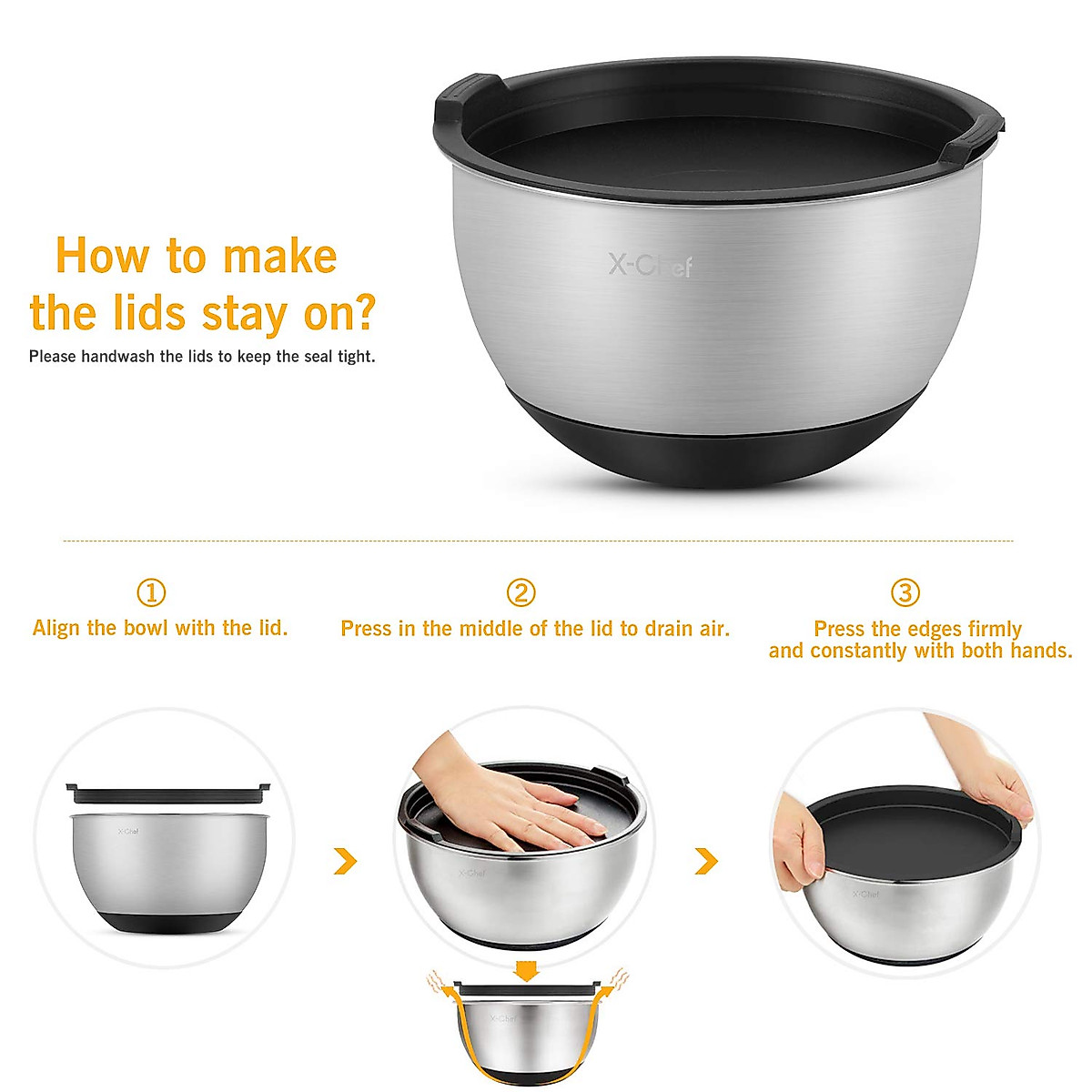 X-Chef Stainless Steel Bowls with Lids, Mixing Storage Bowl Set of 5 with Measurement, Stackable & Non-slip (1, 2, 2.5, 3.5, 4.5 QT)