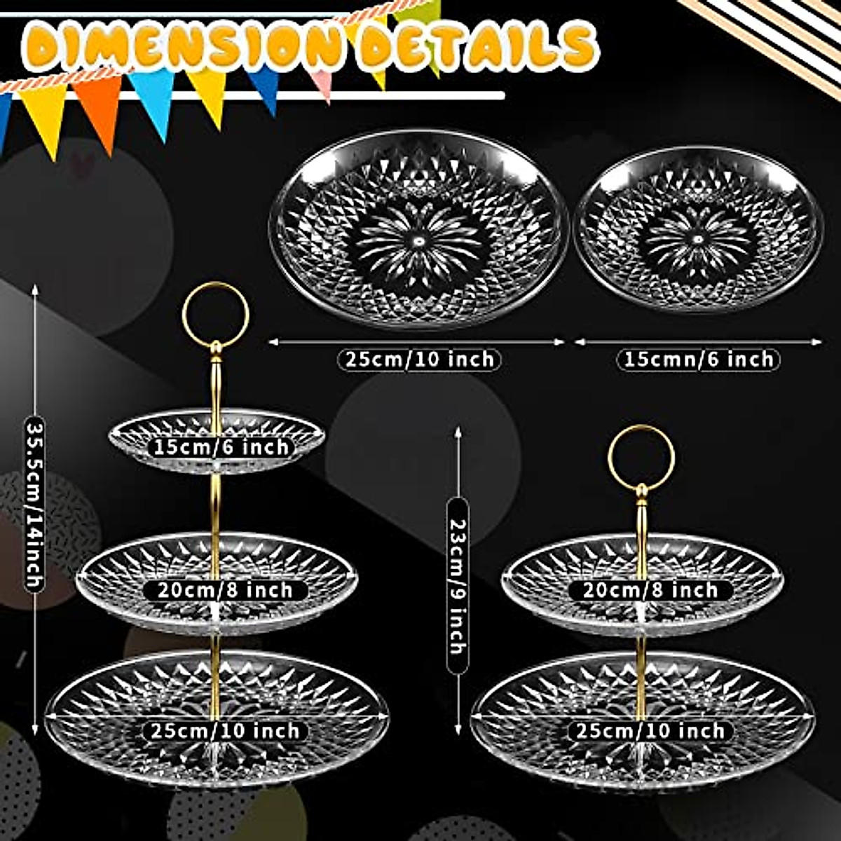 14 Pieces Tiered Cupcake Stand Set Gold 2-Tier 3-Tier Serving Stand Tower Tray with Round Rectangle Food Serving Trays Long Slim Dessert Stand for Party Baby Shower Wedding (Crystal Style)