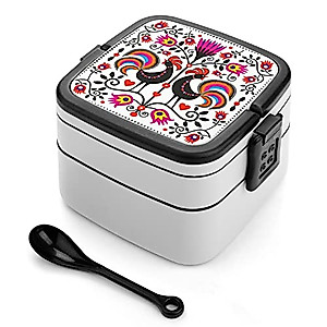 Folk Roosters Lunch Box Portable Double-Layer Bento Box Large Capacity Lunch Container Food Container with Spoon