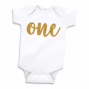 Bump and Beyond Designs Baby-Girls First Birthday Outfit Girls One Year Old Birthday Shirt Gold Glittre, 12-18 Months, Cap Sleeve