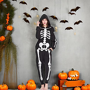 Jobakids Matching Family Costumes Sets Halloween One-Piece Hoodie Onsies Glow in Dark Skeleton Jumpsuit Women Medium (Women-black, M)
