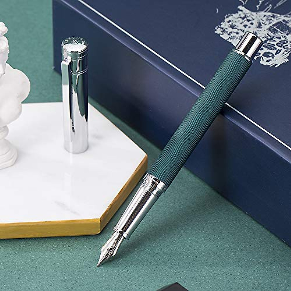 Hongdian 1843 Navigator Fountain Pen Fine Nib Solid Metal, Green Ripple Pattern with Refillable Converter and Metal Pen Case