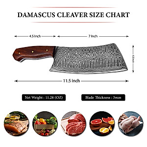 Cleaver Knife, Butcher Knife, Meat Knife, Cleaver Chef Knife, Meat Cleaver Knife, 7 Inch Damascus meat Cleaver Knife Butcher Knife For Meat Cutting With Pakkawood Handle & Leather Sheath