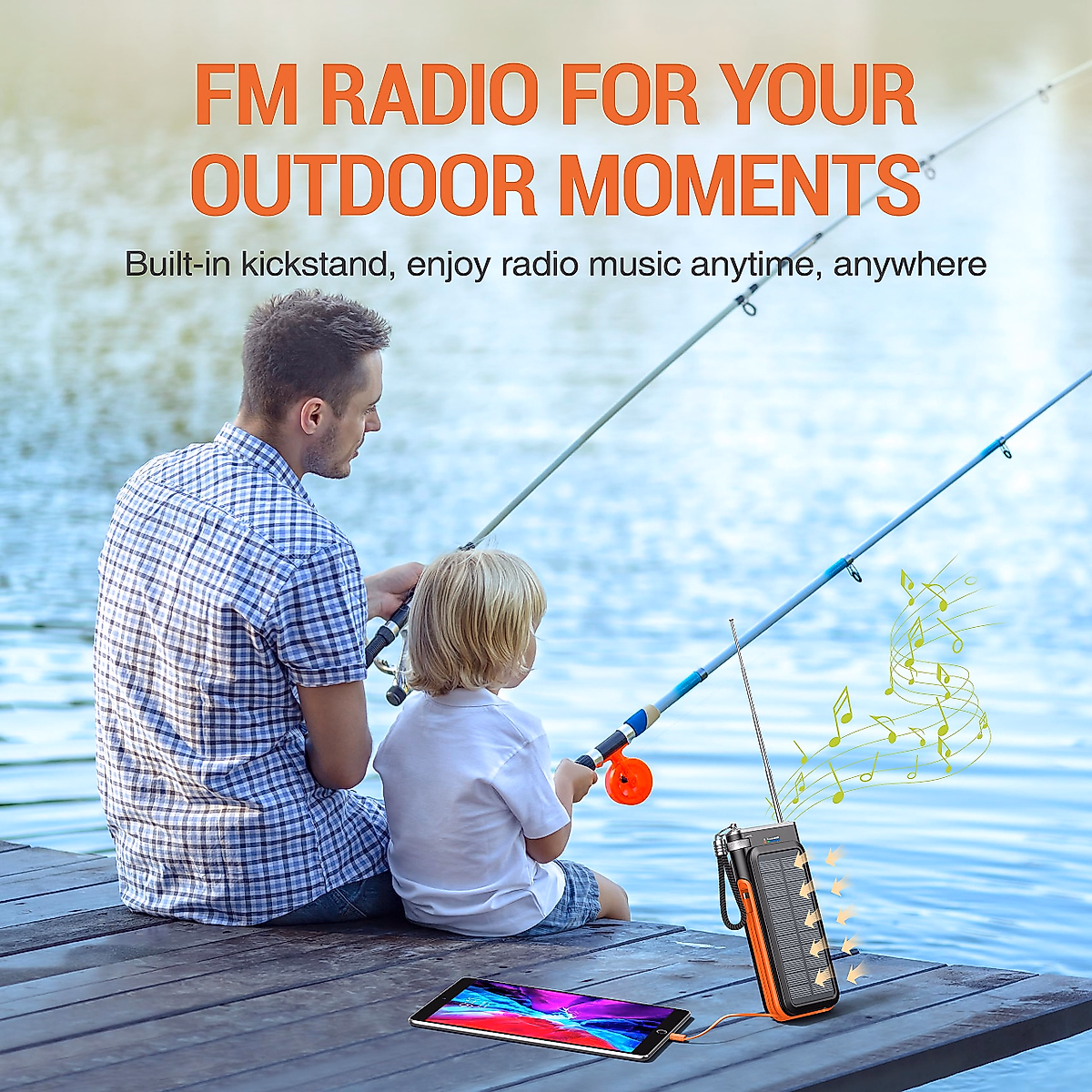 Solar Power Bank 36800mAh, Emergency FM Radio & Bluetooth Speaker, Built-in 2 Cables and Kickstand 15W Fast Charging LED Flashlight, USB C Input/Output Compatible with All Mobile Devices (Black)