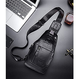 BULLCAPTAIN Genuine Leather Men Sling Crossbody Bag Chest Bags Travel Hiking Shoulder Backpack (Black)