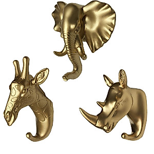 Set of 3 Elephant Head Giraffe Head and Rhino Head Wall Hooks / Hangers Animal Shaped Coat Hat Hooks (Gold)