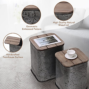 RUSTOWN Farmhouse Accent Side Table, Rustic Storage Ottoman Seat Stool, Galvanized Antique Metal End Table Box Bin with Square Wood Lid, Nesting Pieces Two (Square&Galvanized)