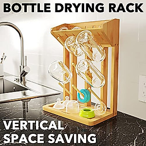 SpaceAid Bamboo Baby Bottle Drying Rack, Space Saving Kitchen Bottles Holder Organizer for Baby Bottle Rack Dryer Storage Accessories (Natural, 9 Bottles)