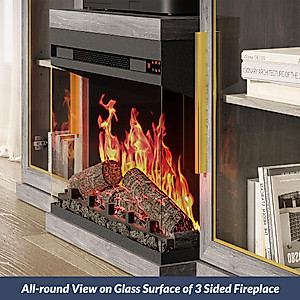 BELLEZE 57" TV Stand with 23" Electric Fireplace Heater with Sound, Entertainment Center for TVs Up to 65", Glass Door Storage Cabinet with 3-Side Glass Display Fireplace for Living Room, Bedroom-Grey