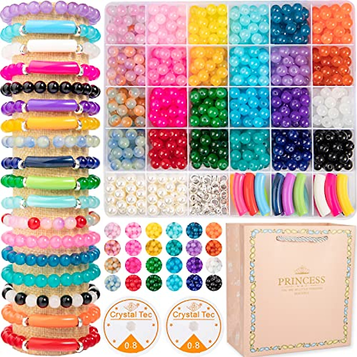 Zyehxed 1060 Pcs 8mm Glass Beads for Jewelry Making, 24 Colors Round Glass Beads Bracelet Making Kit Crystal Gemstone Beads for DIY Craft Necklace Bracelet Earring Phone Lanyard