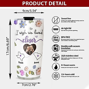 Wrappiness I Wish We Lived Closer Tumbler - Personalized 3D Inflated Effect 20Oz Tumbler Long Distance Friendship Gift, Custom Photo State to State Mug Gifts for Sister Best Friend Bestie (A02)