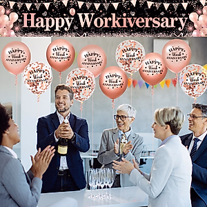 Happy Work Anniversary Decorations Banner Rose Gold Happy Workiversary Banner Yard Sign with 18 Pcs Balloons for Office Anniversary Party Decoration Employee Appreciation Banner Office Party Supplies