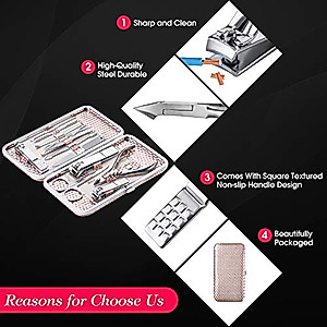 Nail Grooming Kit 12 Pieces - Nail Care Kit For Women Stainless Steel, Professional Hand, Foot & Nail Tools with Luxurious Travel Case. Compact 6x3" (Rose Gold)