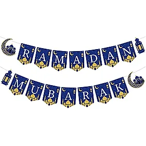 JOZON Ramadan Mubarak Banner Muslim Ramadan Mubarak Bunting Banner Garland with Lantern Moon Castle Sign Eid Mubarak Festival Celebration Party Decorations for Mantle Fireplace Wall Party Supplies