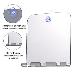 Funerom 5.4x5.1 inch Fogless Bathroom Shaving Mirror with Built-in Razor Holder Includes 4 Adhesive Hooks 2 Anti-Fog Film Anit-Fog Shower Mirror Frameless Portable Square