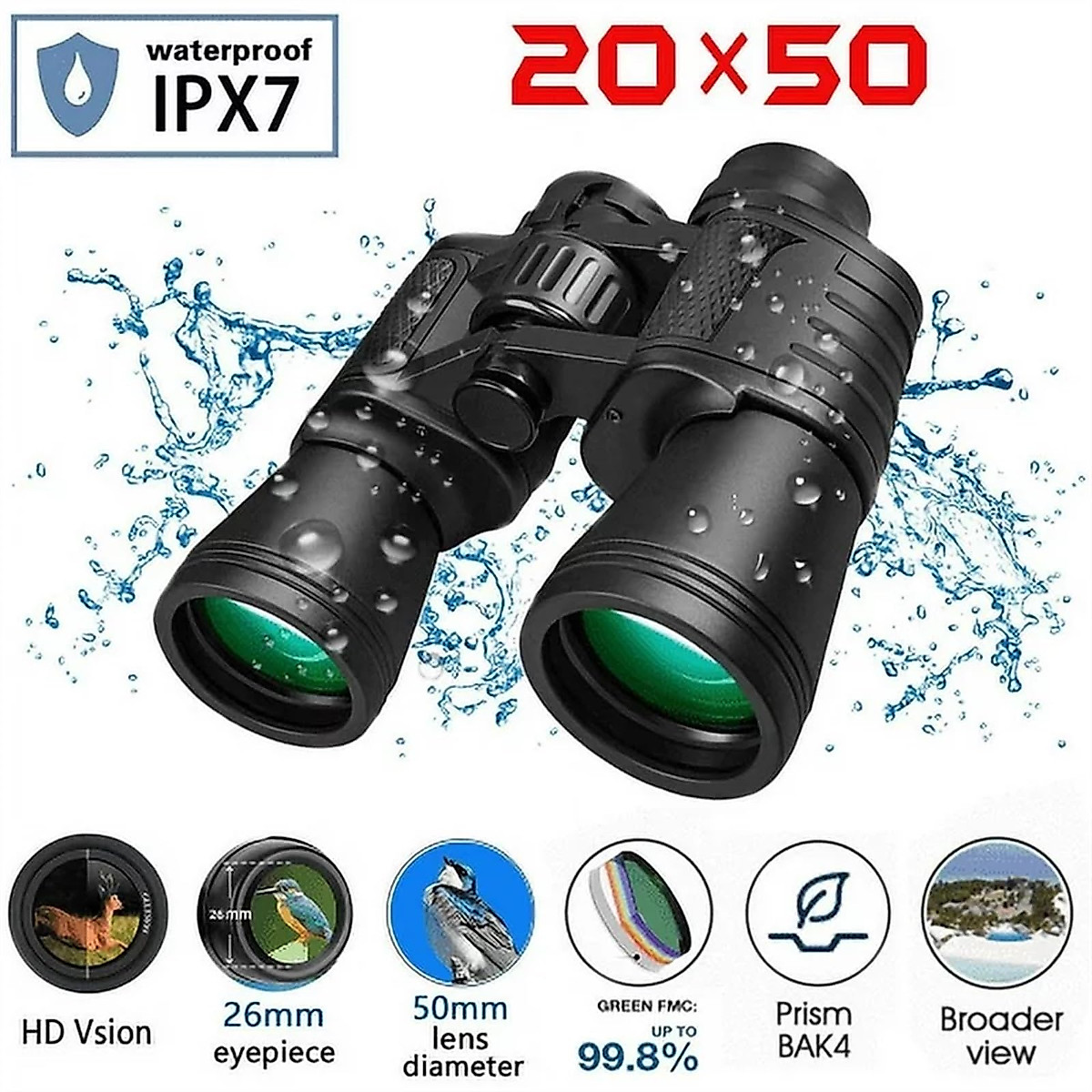 20x50 Binoculars for Adults HD Day Light Night Binoculars with BAK4 Prism FMC Lens for Hunting Bird Watching Concert etc IPX7 Waterproof Black