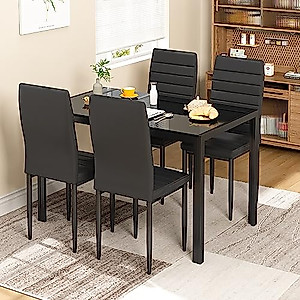 Lamerge Dining Table Set for 4, 5 Piece Kitchen Table Set with Tempered Glass Table Top and 4 Faux Leather Chairs,for Living Room,Dining Room,Kitchen,Small Space,Black (LDTS-GB)