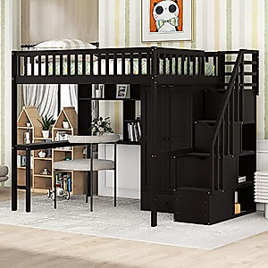 Merax Full Size Loft Beds Stairway Loft Bed Frame with Wardrobe, Desk, Bookcase and Drawers, Espresso