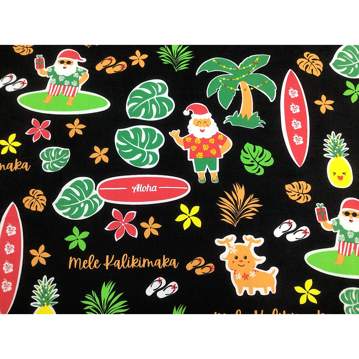 Mele Kalikimaka Hawaiian Christmas Surfing Santa in Black Background Hawaiian Print 100% Cotton Fabric Sold by The Yard