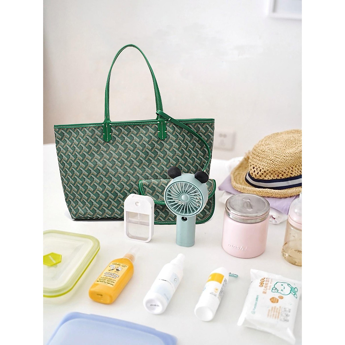 Women's Puffer Tote Handbags Purse Sets for Women Large Leather Clutch Dupes Hobo Shoulder Bag for Travel Beach 3pcs (Green)