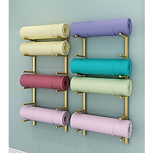 LHRUI Yoga Mat Holder Yoga Mat Rack Wall Mount Exercise Mats Storage Holder, Gym Studio Bedroom Garage Iron Foam Roller Racks, Including All Mounting Accessories (Color : Gold)