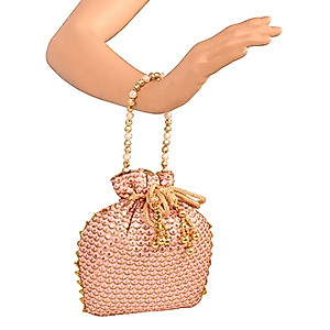 Indtresor beaded handcrafted brocade evening purse drawstring handbag vintage party wedding gift for women. Light Pink Gold