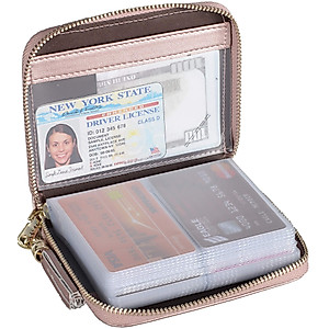 Easyoulife Womens Credit Card Holder Wallet Zip Leather Card Case RFID Blocking (Rose Gold)