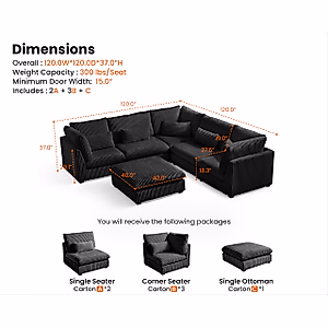 Cloud Oversized Modular Sofa, 120" Corduroy Wide Seat Sectional with Reversible Chaise, Shaped Couches Modern Comfy Fluffy Cushion Sleeper Sofa Bed with Convertible Ottoman for Living Room 5 Seater