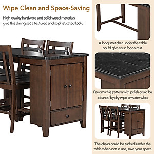 KLMM Retro Solid Wood 5-Piece Counter Height Dining Table Set with Faux Marble Tabletop,Storage Cabinet and Drawer,for Small Places Dining Room Use (Dark Walnut@Drawer)