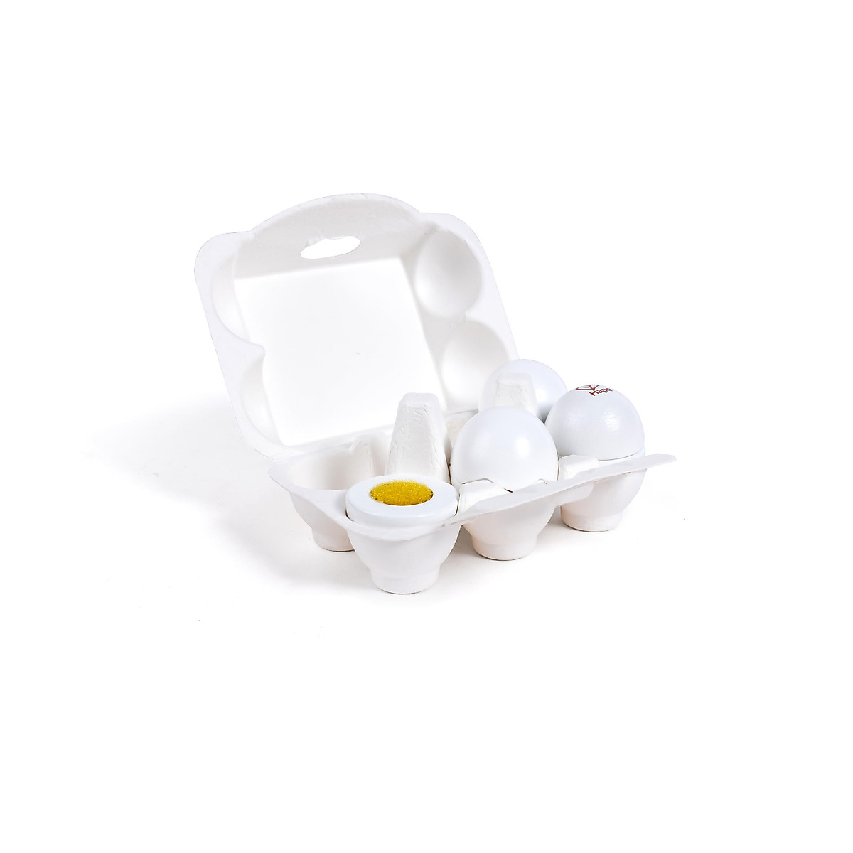 Hape Egg Carton | 3 Hard-Boiled Eggs with Easy-Peel Shell & 3 Fried, Wooden Realistic Educational Toy for Children 3+, White and Yellow (E3156)