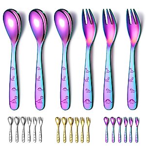 Evanda Rainbow Toddler Utensils, Rainbow Titanium Coated 6 Pieces Stainless Steel Toddler silverware set, Kids Utensils Forks and Spoons, Mirror Polished Smooth Round Tableware and Dishwasher Safe