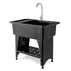 VINGLI Utility Sink Laundry Tub for Washing Room, Freestanding Utility Sink with Stainless Steel Faucet, (Black, 32.3"W x 22.4" D x 43.3"H)
