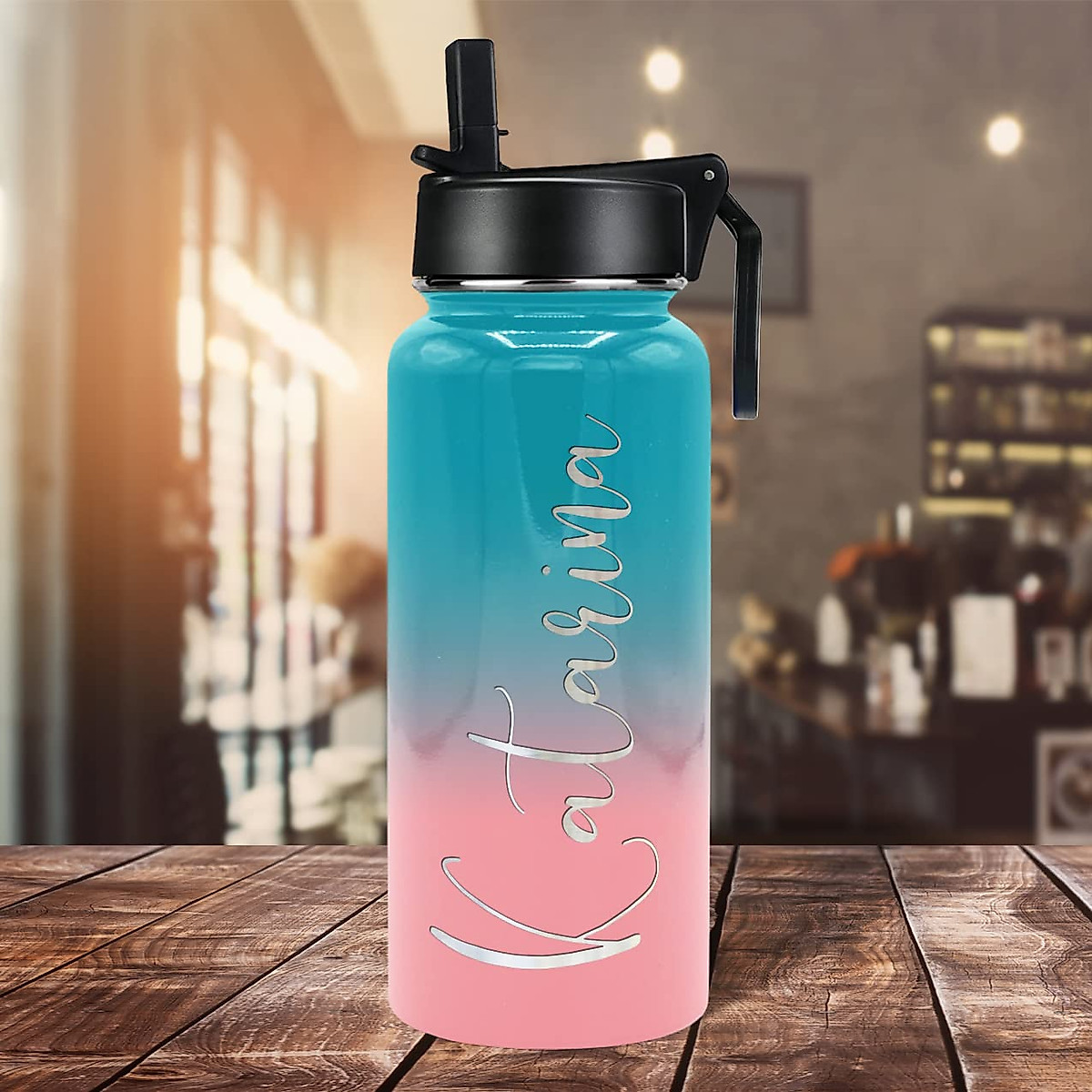 Personalized Water Bottle with Straw Lid on Cotton Candy Ombre for Gym Engraved Custom Women Name 32 oz Modern Insulated Stainless