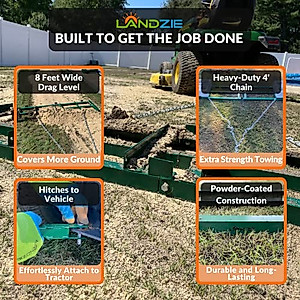 LANDZIE Drag Harrow Driveway Grader Landscape Power Rake for ATV, UTV, Tractor, Mower - 8 Ft Reinforced Steel (Two 4 ft Sections) - Tow Behind Yard Lawn Leveling Tool with 4 Ft Heavy Duty Chain