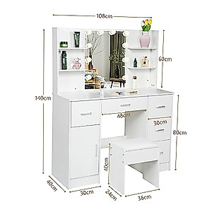 Dradaomull Large Makeup Vanity Desk with Lights, 3 Lighting Colors, 42.9''L Vanity Set Makeup Table with 5 Drawers, 6 Open Storage Shelves and cabinets for Women Girls Bedroom White