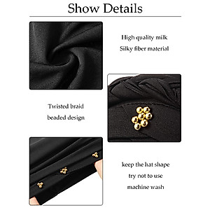 4 Pieces African Women Turban Cap Head Wraps Beaded Headscarf Beanie Wrap (Black, Grey, White, Red,Bead Style)