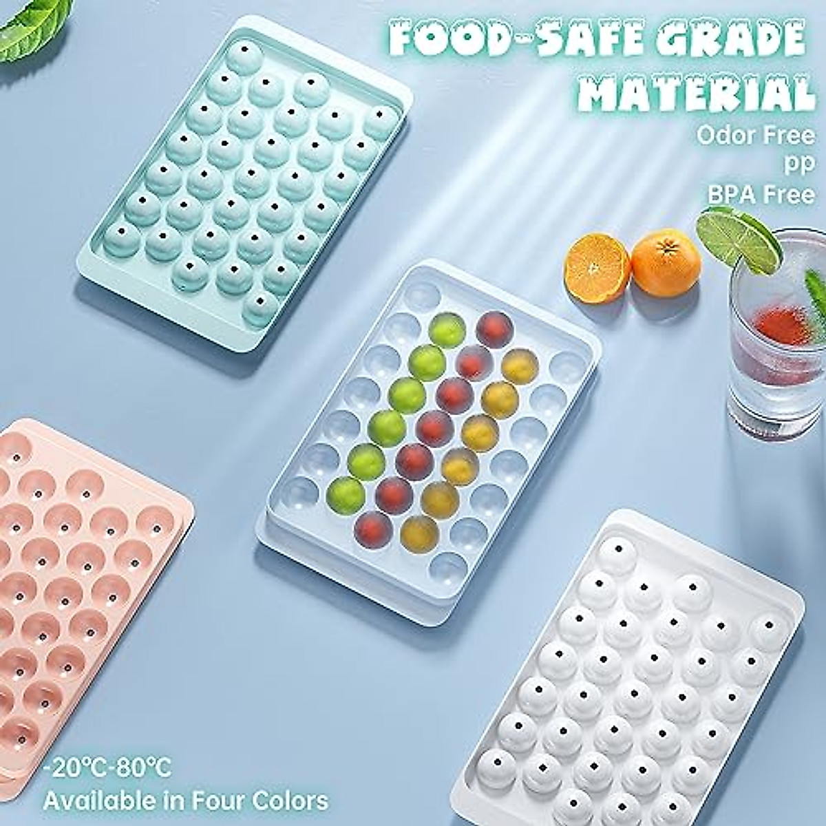 Ice Cube Tray, EMYIE Round Ice Trays for Freezer with Lid and Bin, Ice Ball Maker Making 99 x 1.0IN Ice Balls,3 pack Circle Ice Trays with Tong, Scoop, Measuring Cup&3 Straws (Green)