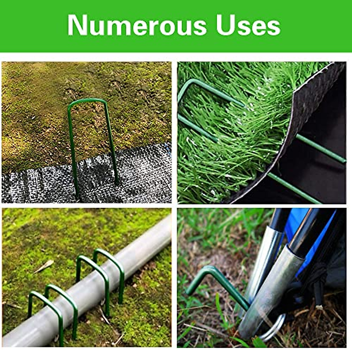 Bakulyor 50Pcs Green Landscape Staples 6 Inch Garden Artificial Turf Stakes Staples, 11 Gauge Lawn Galvanized Ground Fabric Pins for Weed Barrier Sod Decorations Holding Fence and Irrigation Tubing