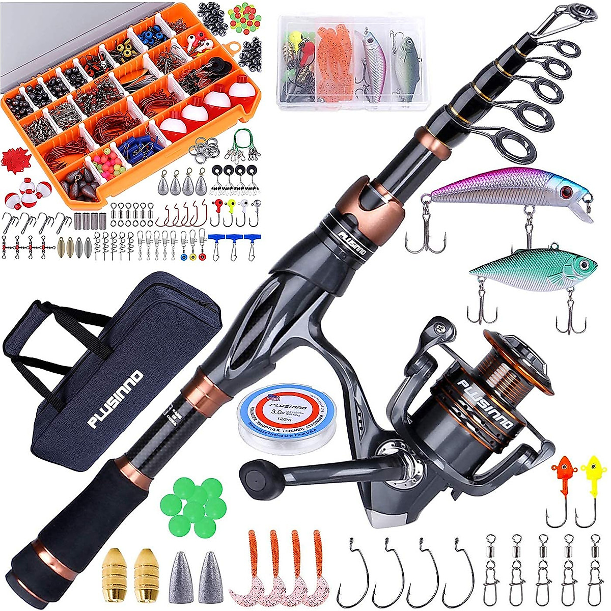 PLUSINNO Telescopic Fishing Rod and Reel Combo, 263 Pcs Fishing Tackle Kit with Tackle Box