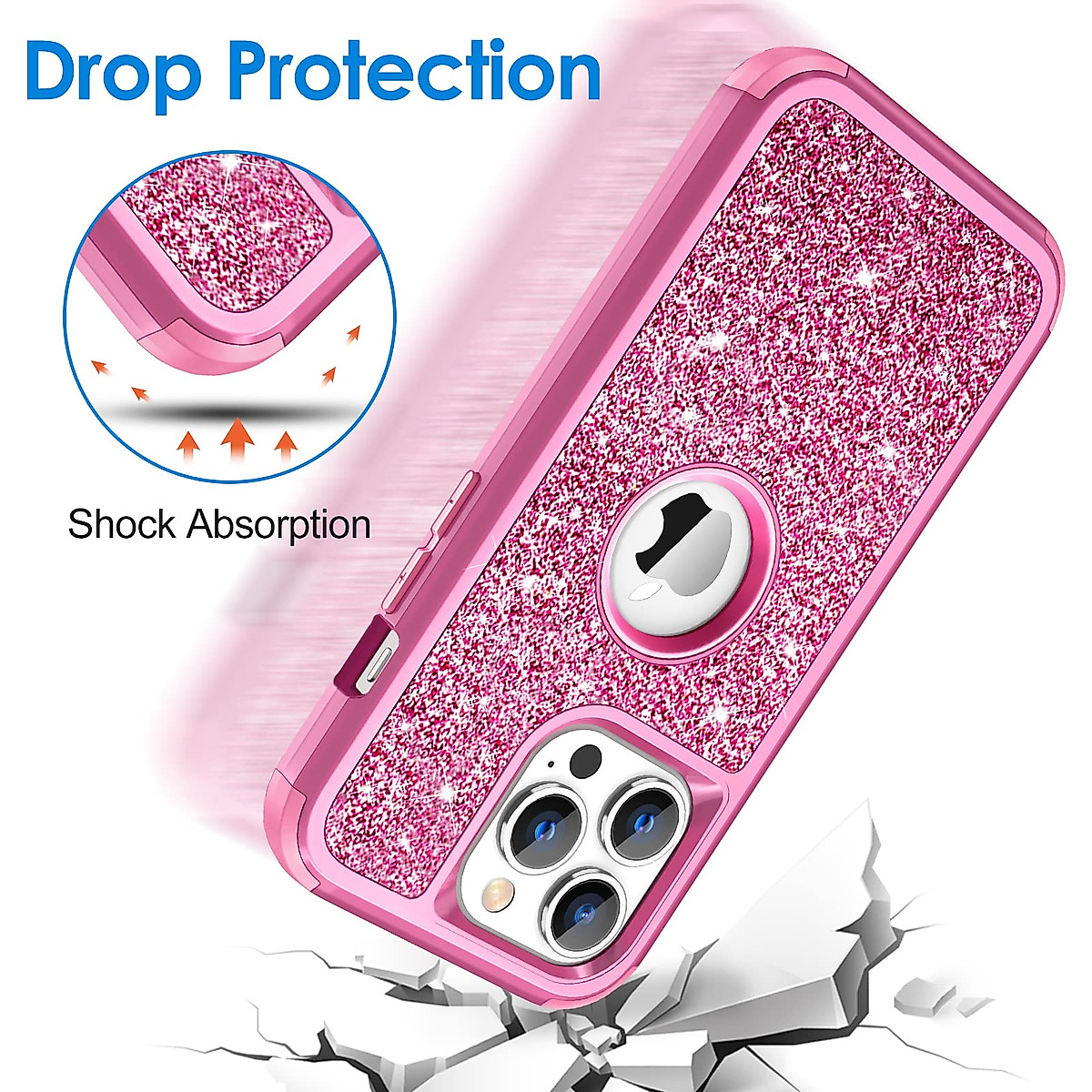 Hython Case for iPhone 13 Pro Max Case Glitter, Cute Shiny Bling Sparkle Cover, Heavy Duty 3 in 1 Hybrid Hard PC Soft TPU Bumper Full Body Shockproof Protective Phone Cases for Women Girls, Rose Red