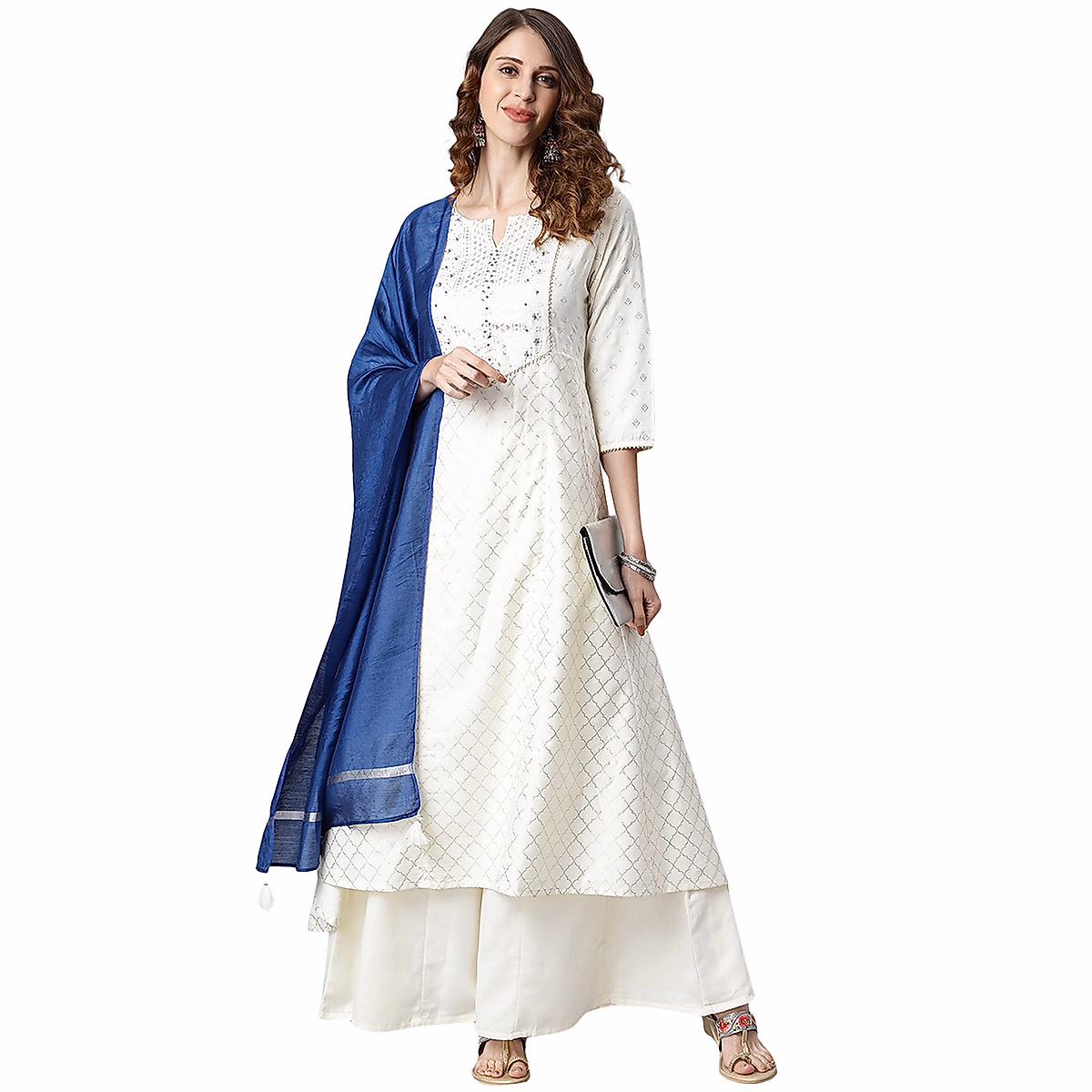 Janasya Indian Women's Off- White Yoke Printed Poly Silk Kurta with Palazzo and Dupatta