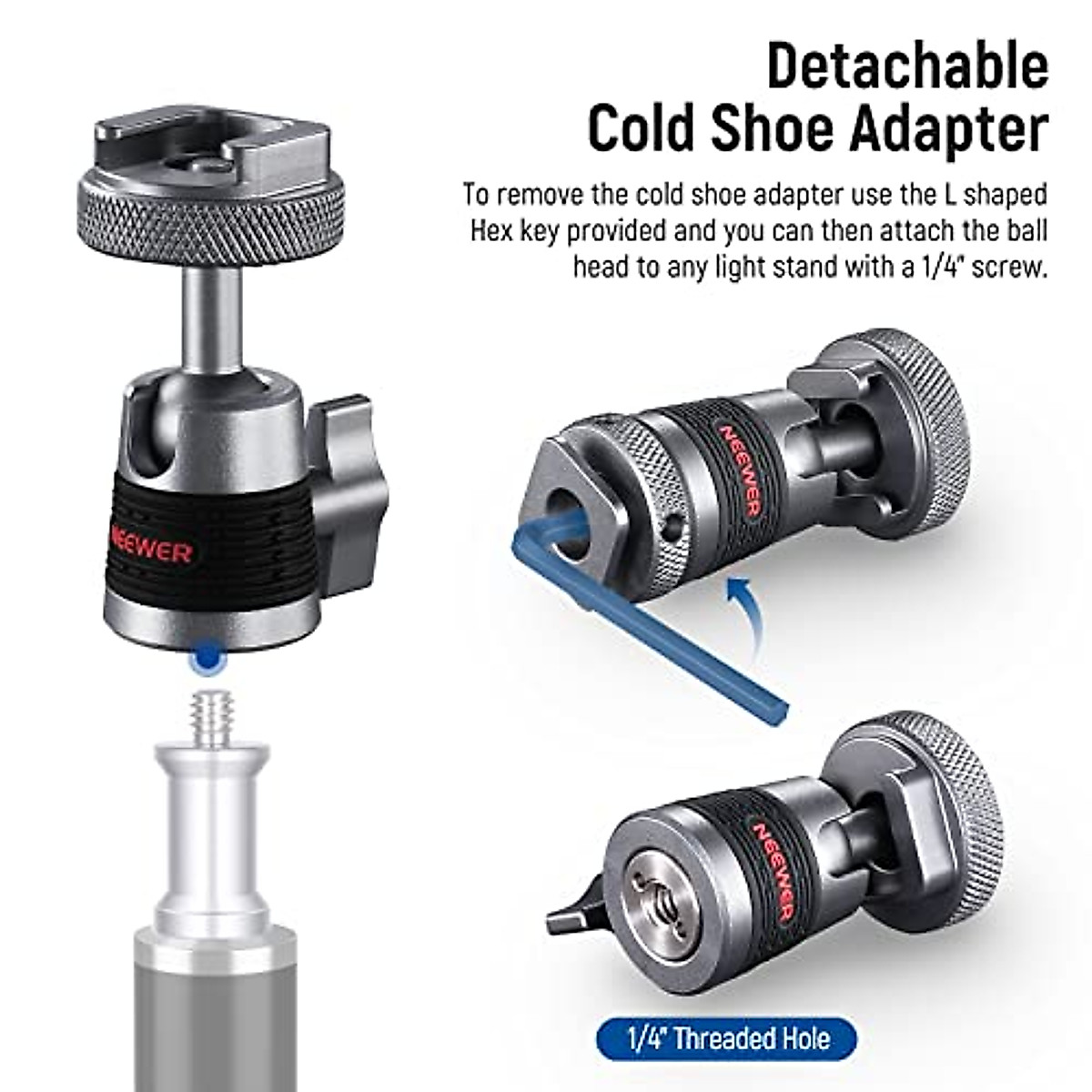 NEEWER Mini Ball Head with Removable Cold Shoe Mount and 1/4” Screw, Detachable Cold Shoe Base, 2 Way Installation Compatible with SmallRig Cage, DSLR Camera, Monitor, LED Video Light (2 Packs, ST44)