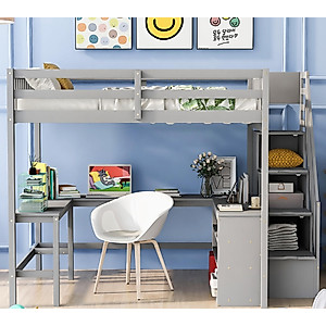 Merax Wood Full Size Loft Bed Frame with Built-in L Shaped Desk & 3 Storage Shelves & Attached Storage Stairs for Kids, No Box Spring Needed, Gray